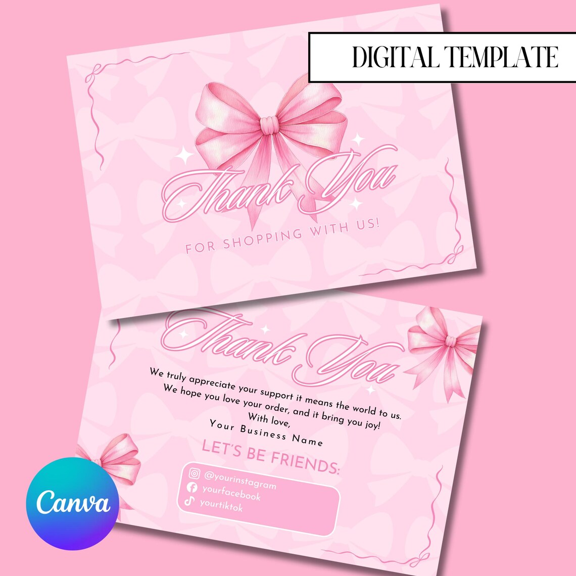 Coquette Thank You Card. Editable Template, for Canva Pro, Cute Girly ...