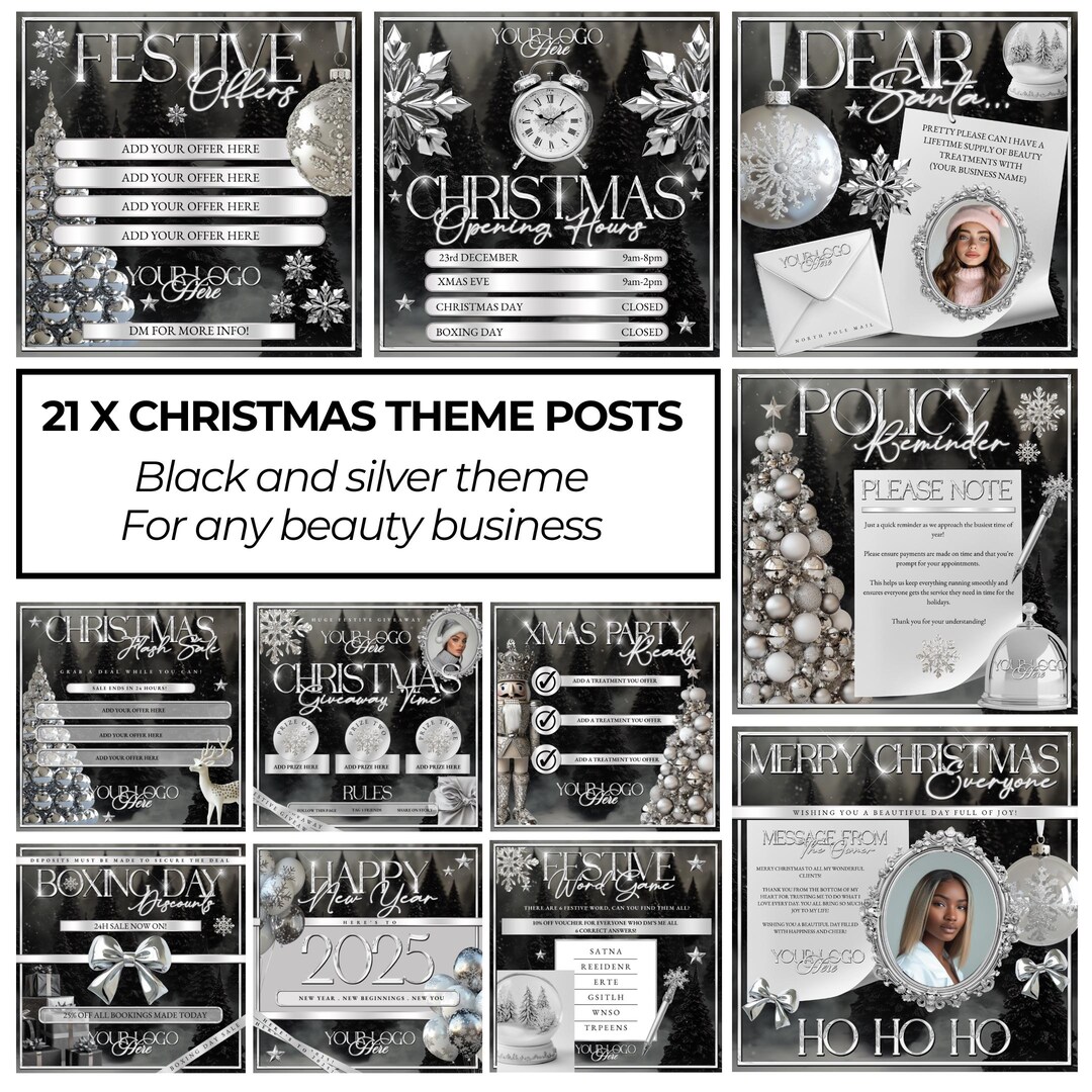 Christmas Social Media Post Bundle, Black & Silver Theme, Festive ...