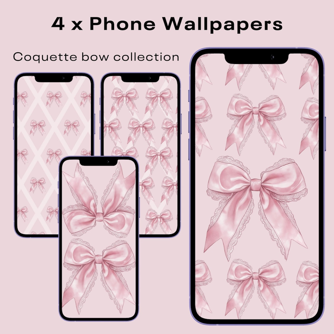 4 X Coquette Bow Wallpaper, Pink Preppy Phone Background, Girly ...