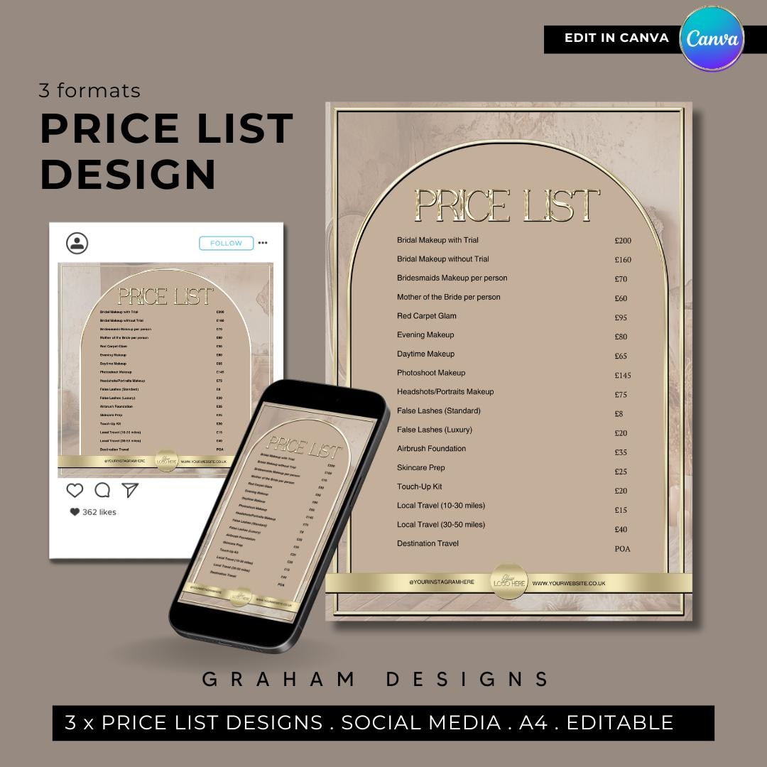 Beige & Gold Price List, 3 X Templates, Editable in Canva, Minimalist ...