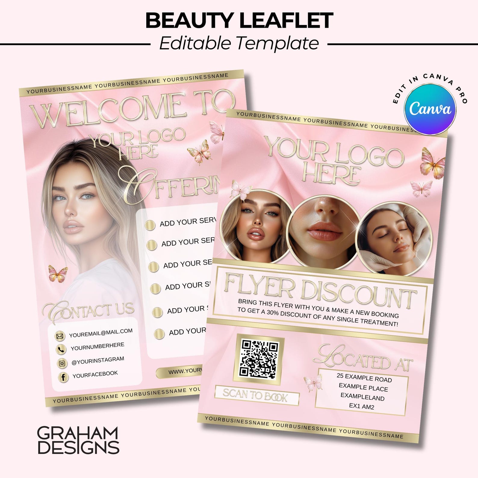 Beauty Leaflet for Business Owner, Pink and Gold , Customise in Canva ...