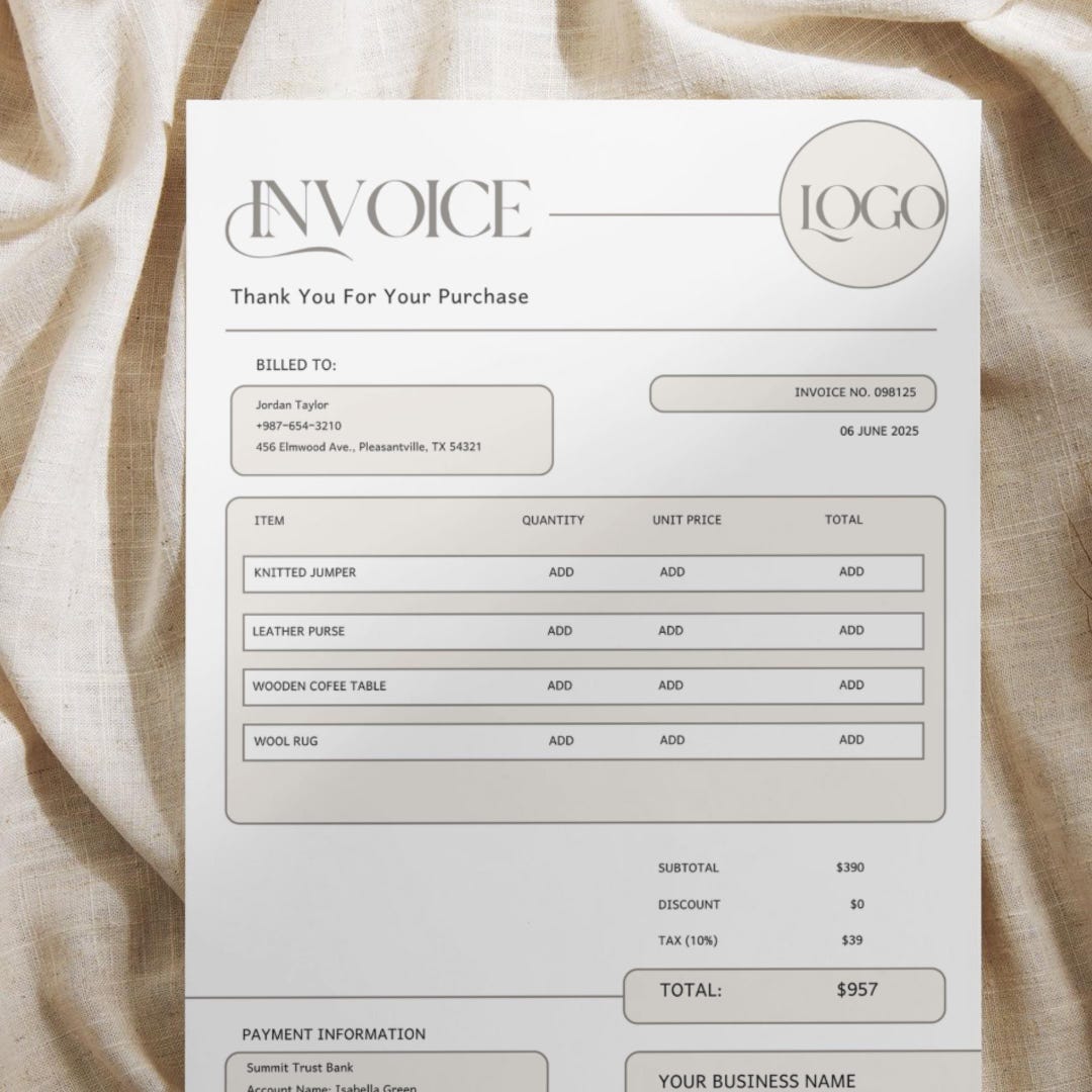 Invoice Template, Minimalist, Editable in Canva, DIY Invoicing, for ...