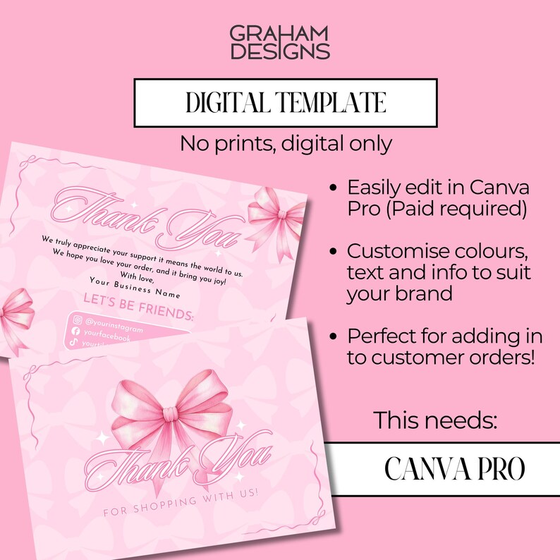 Coquette Thank You Card. Editable Template, for Canva Pro, Cute Girly ...
