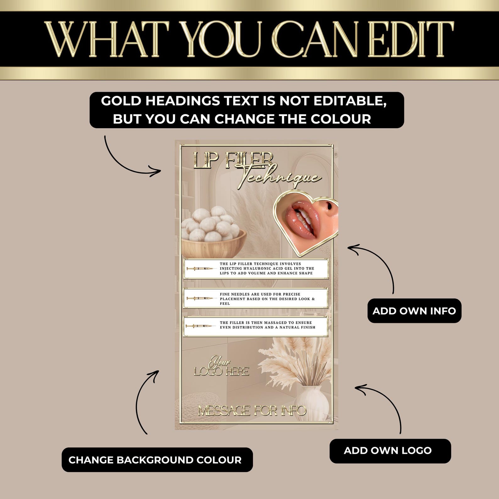 20 X Lip Filler Instagram Posts, Beige and Gold, for IG Story & Reel ...