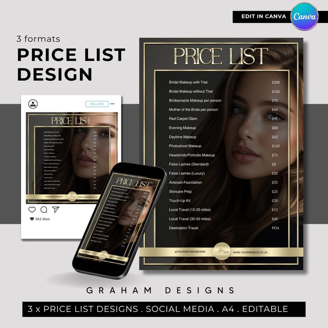 Black and Gold Price List, 3 X Templates, Editable in Canva, Minimalist ...