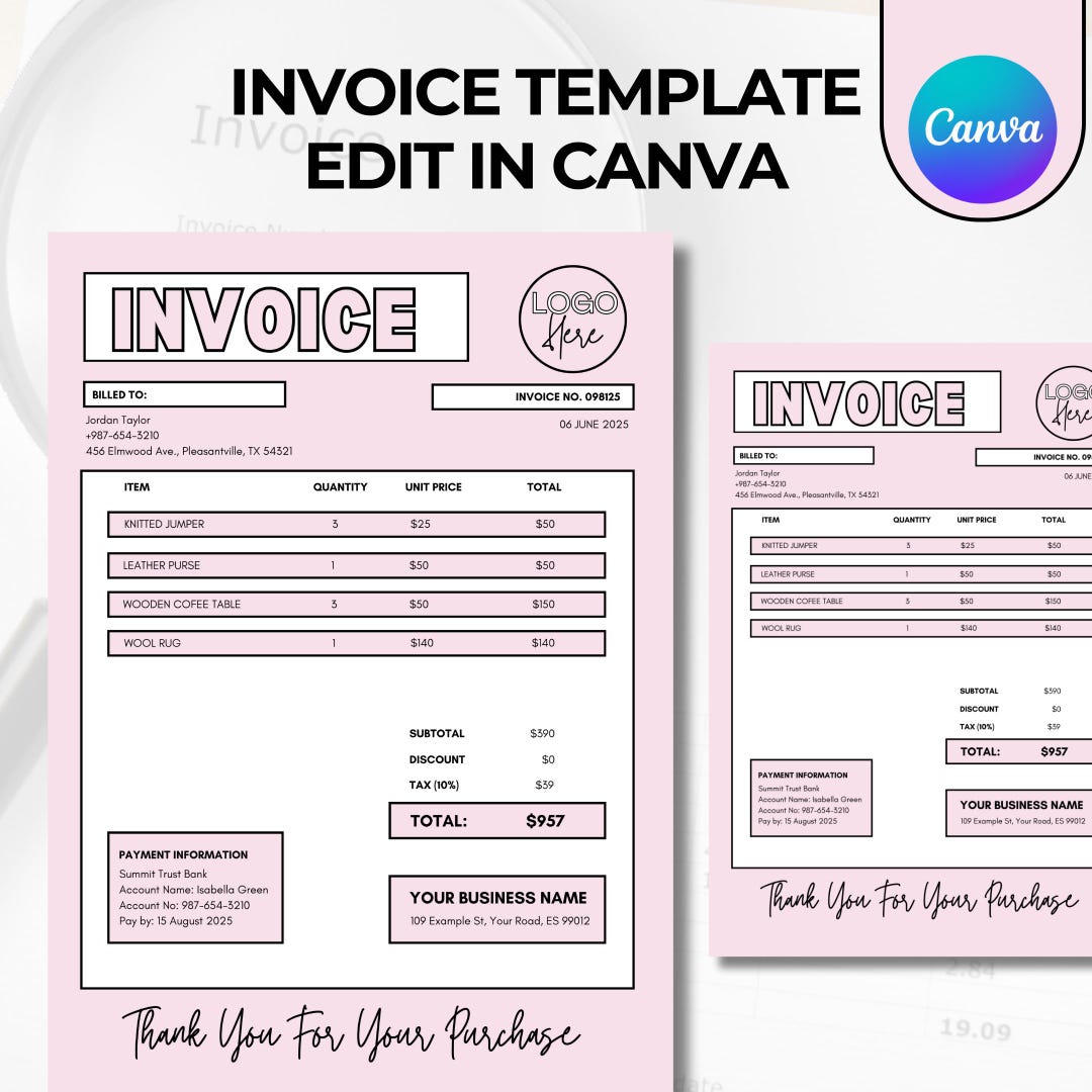 Pink Invoice Template, Editable in Canva, DIY Book-keeping, for Small ...