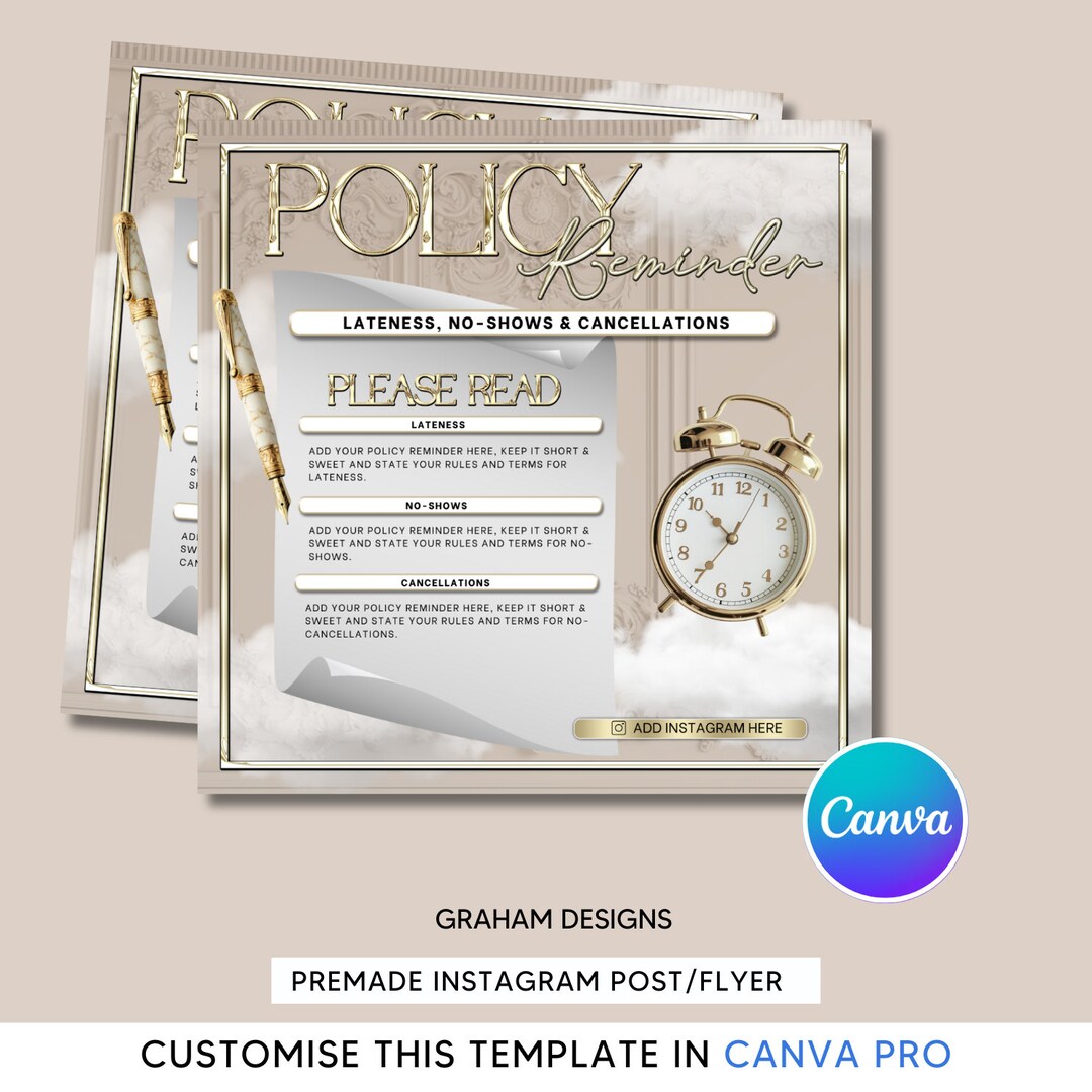 Beige and Gold Policy Reminder Beauty Template Editable in Canva Pro ...