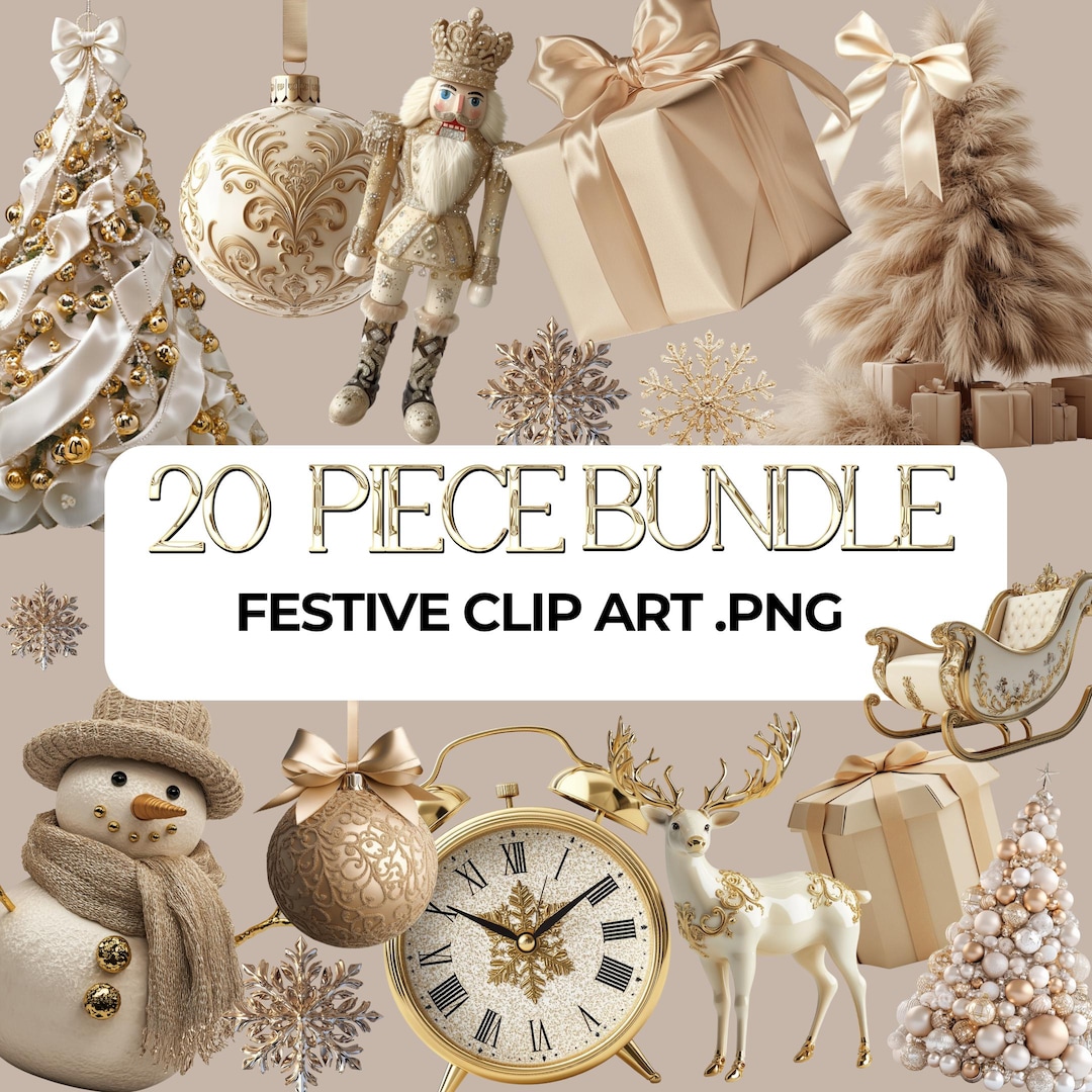 20 X Christmas Clip Art Bundle, Bauble Images, Beige and Gold Festive ...