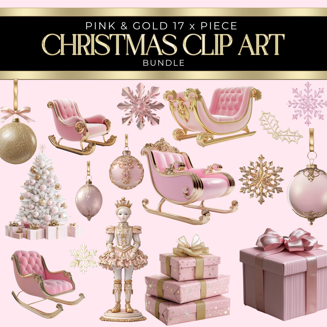 Christmas Clip Art Bundle, 17 X Piece Bundle, Festive Graphics, Pink ...