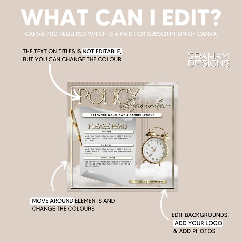 Beige and Gold Policy Reminder Beauty Template Editable in Canva Pro ...