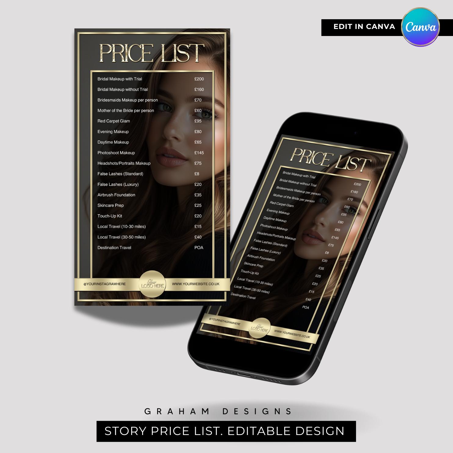 Black and Gold Price List, 3 X Templates, Editable in Canva, Minimalist ...