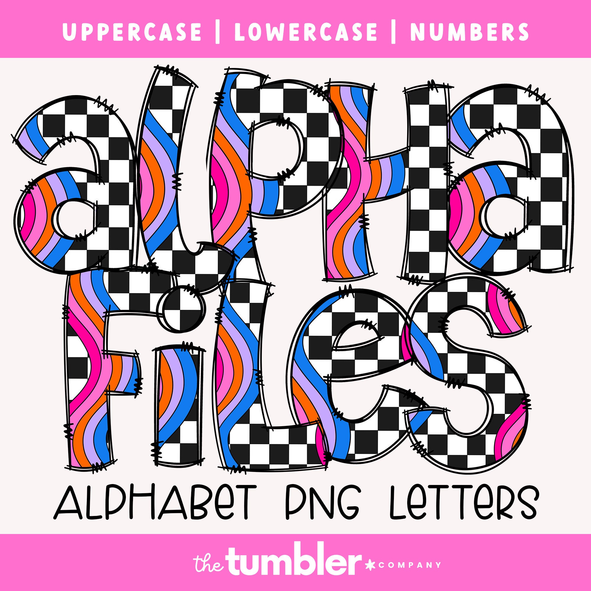 Retro Check Alphabet Set Sublimation PNG Files Checkered Doodle Letters ...