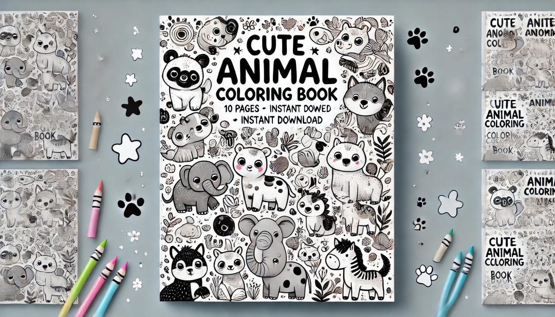 Cute Animals Coloring Page - Digital Coloring Book for Kids - Etsy