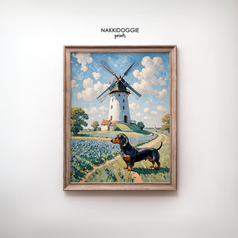 Dachshund Vintage Van Gogh Oil Painting Miniature Wiener Dog Windmill ...