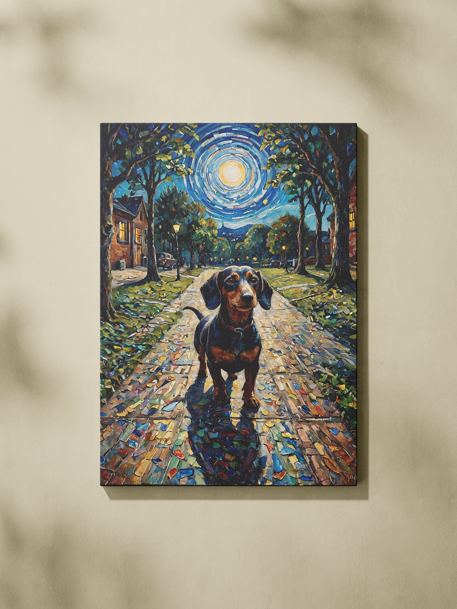 Dachshund Vintage Van Gogh Oil Painting Miniature Wiener Dog Moonlight ...
