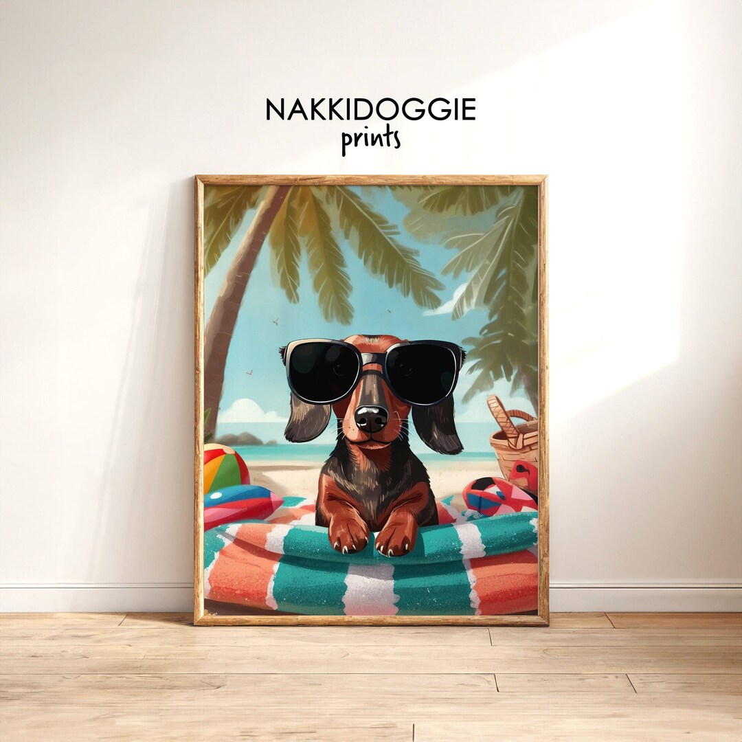 Dachshund Beach Vacation Wall Print | Funny Printable Sausage Dog Card ...