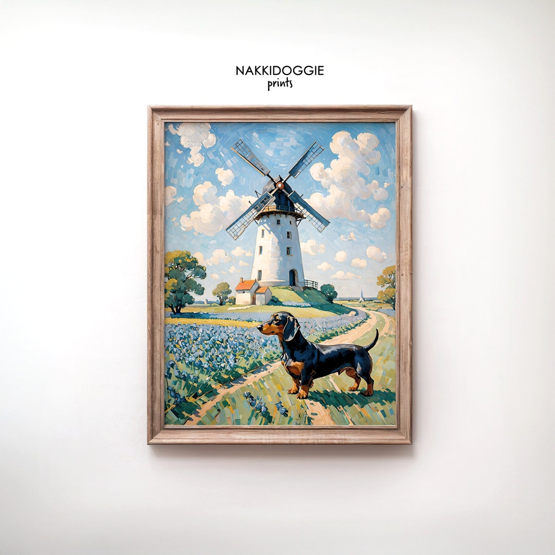 Dachshund Vintage Van Gogh Oil Painting | Miniature Wiener Dog Windmill ...