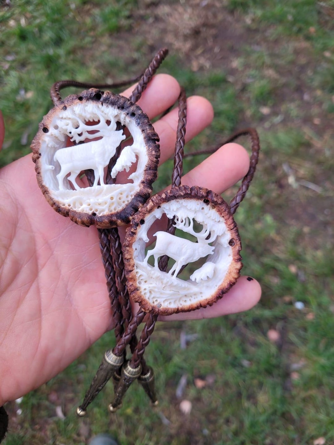 Tie Bolo Hunting Hand Carved Natural Deer Antler Motif: Deer Elk Bird ...