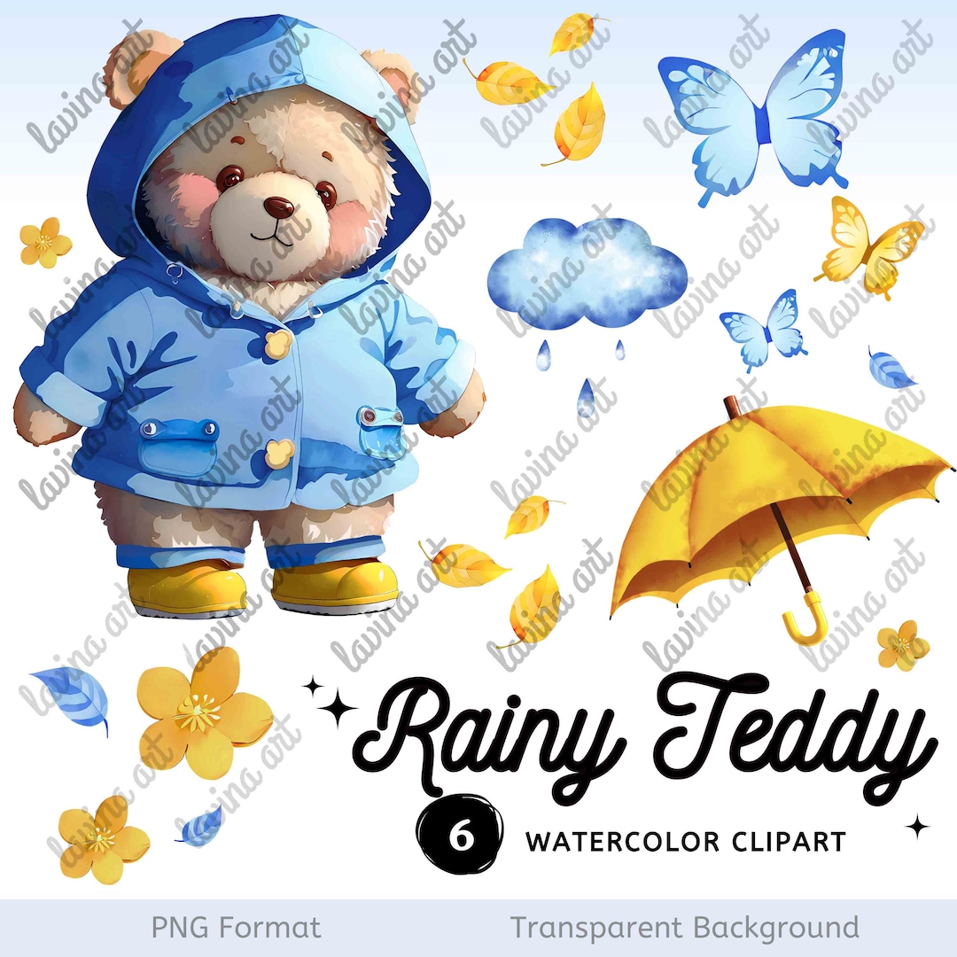 Watercolor Teddy Bear Clipart PNG Rainy Day Clip Art Nursery - Etsy
