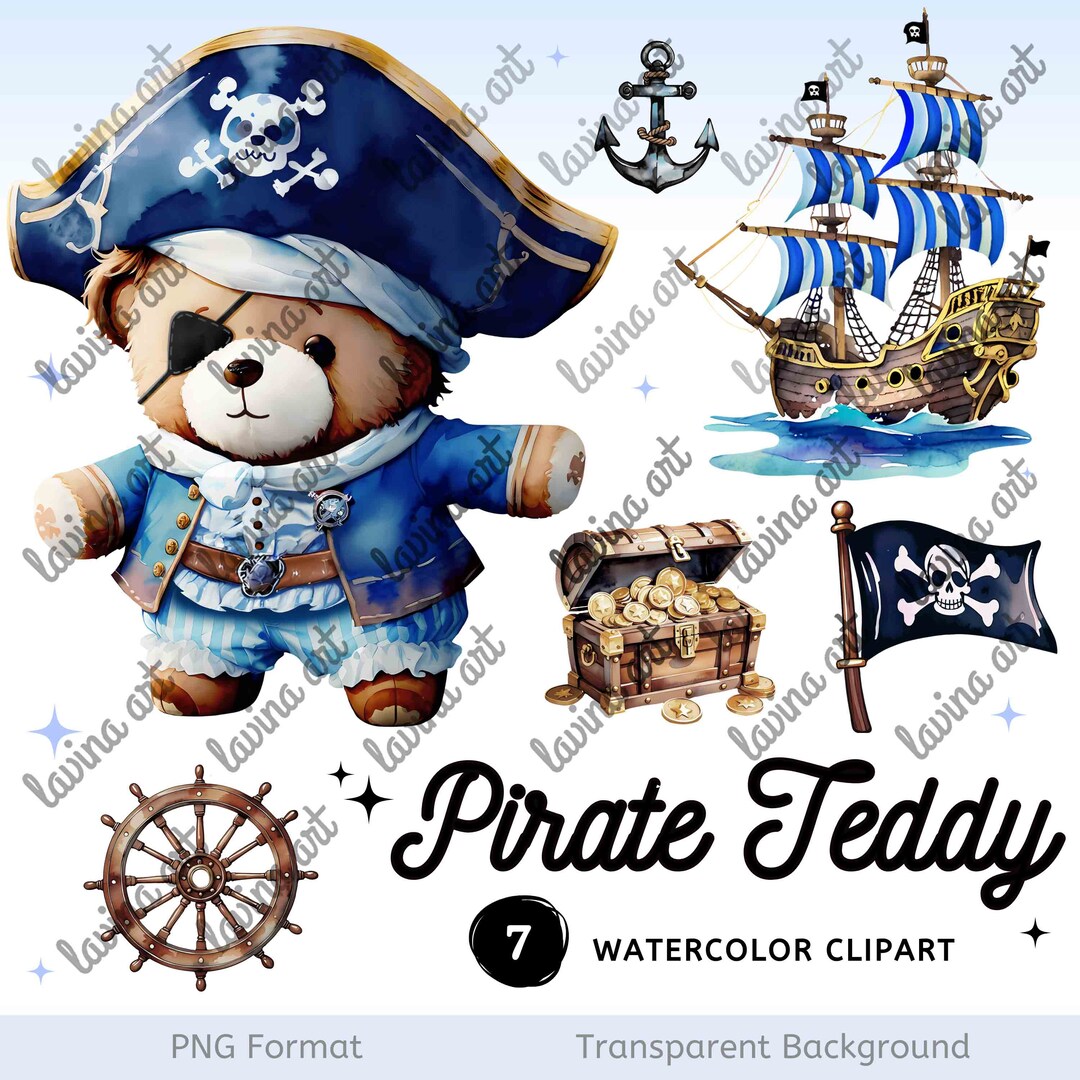Watercolor Pirate Teddy Bear Clipart PNG, Pirate Teddy Clipart, Nursery ...