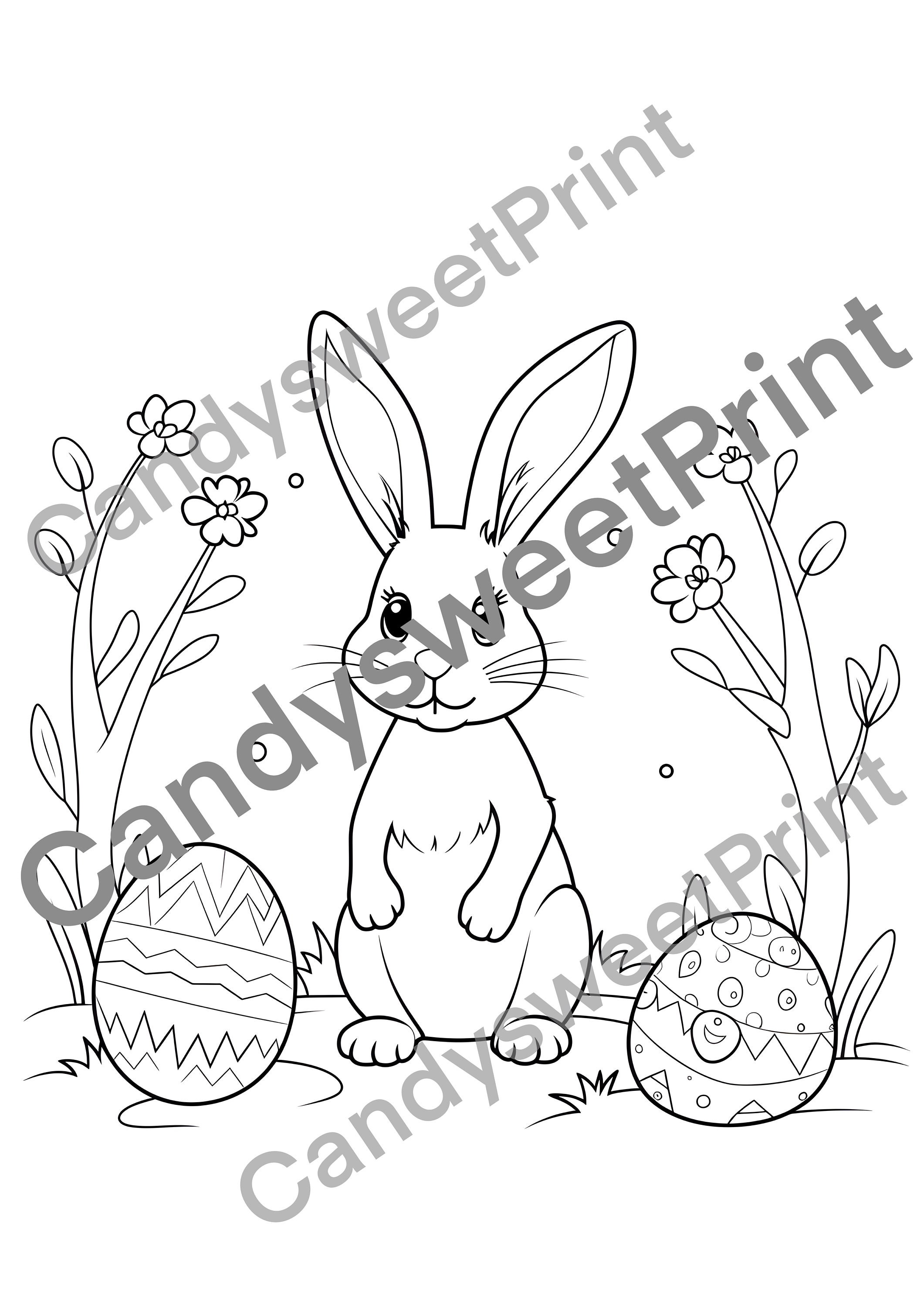 Easter Coloring Page, Easter Bunny, Flowers, Kids and Adults, Cute ...