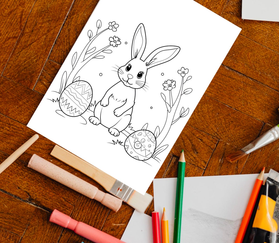 Easter Coloring Page, Easter Bunny, Flowers, Kids and Adults, Cute ...