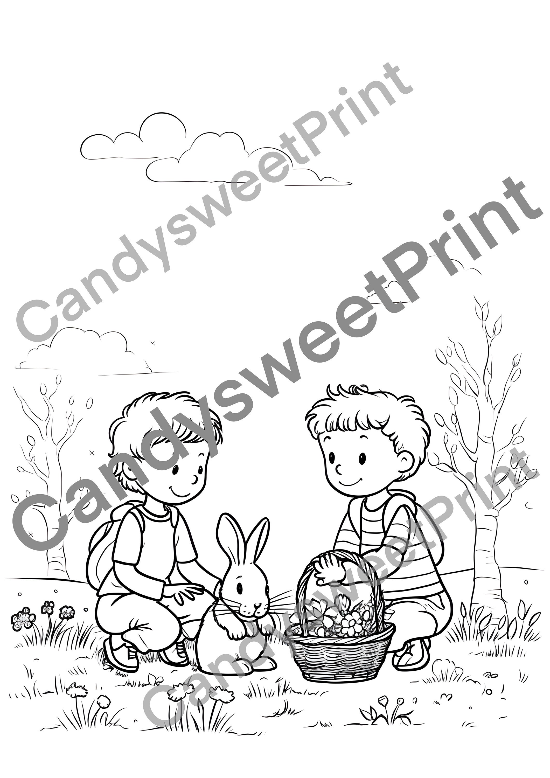 Easter Coloring Page, Easter Bunny, Easter Eggs, Kids and Adults, Cute ...