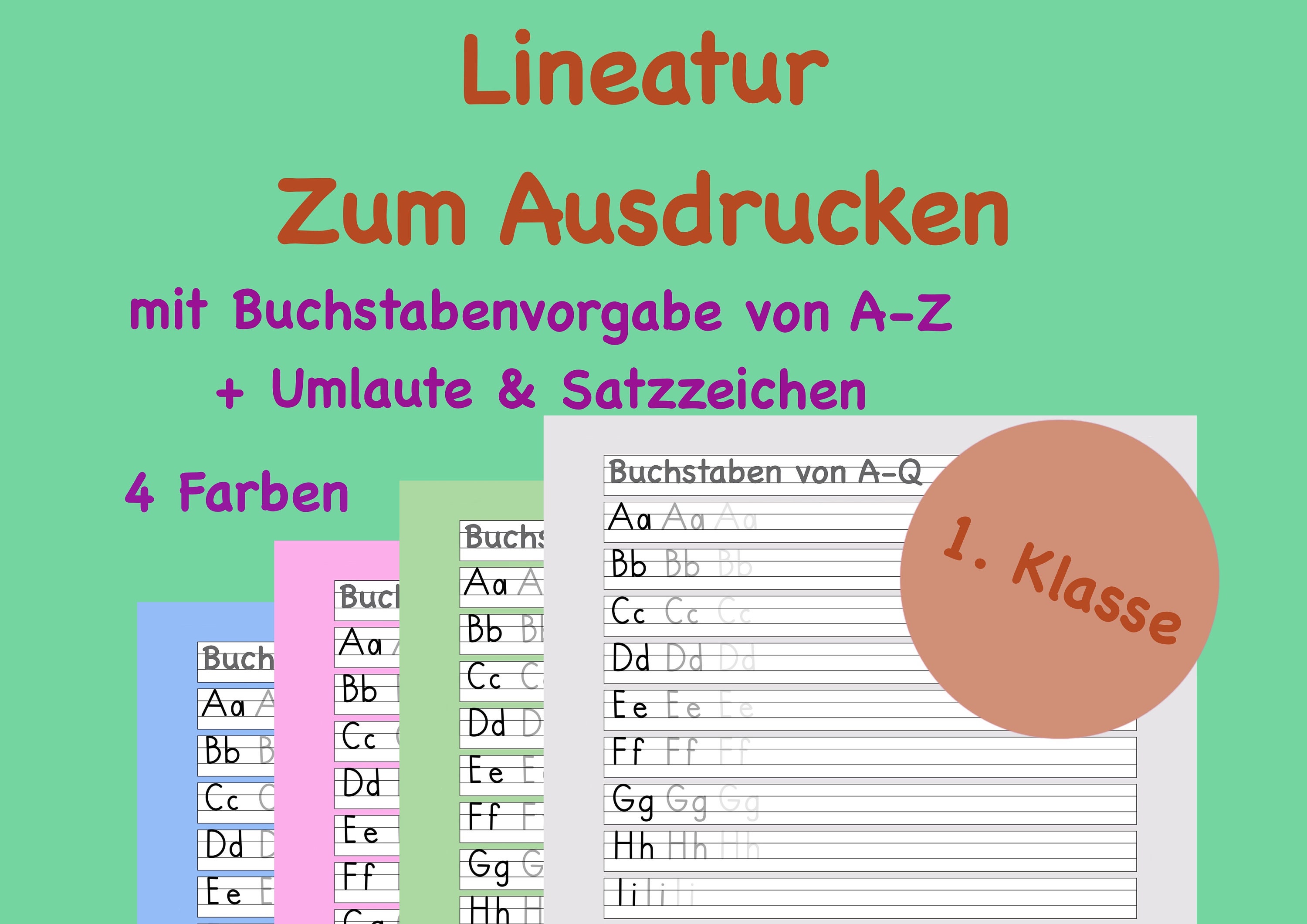 1. Klasse Lineatur Mit Alphabet Papier Grundschule, Farbig, Liniert ...