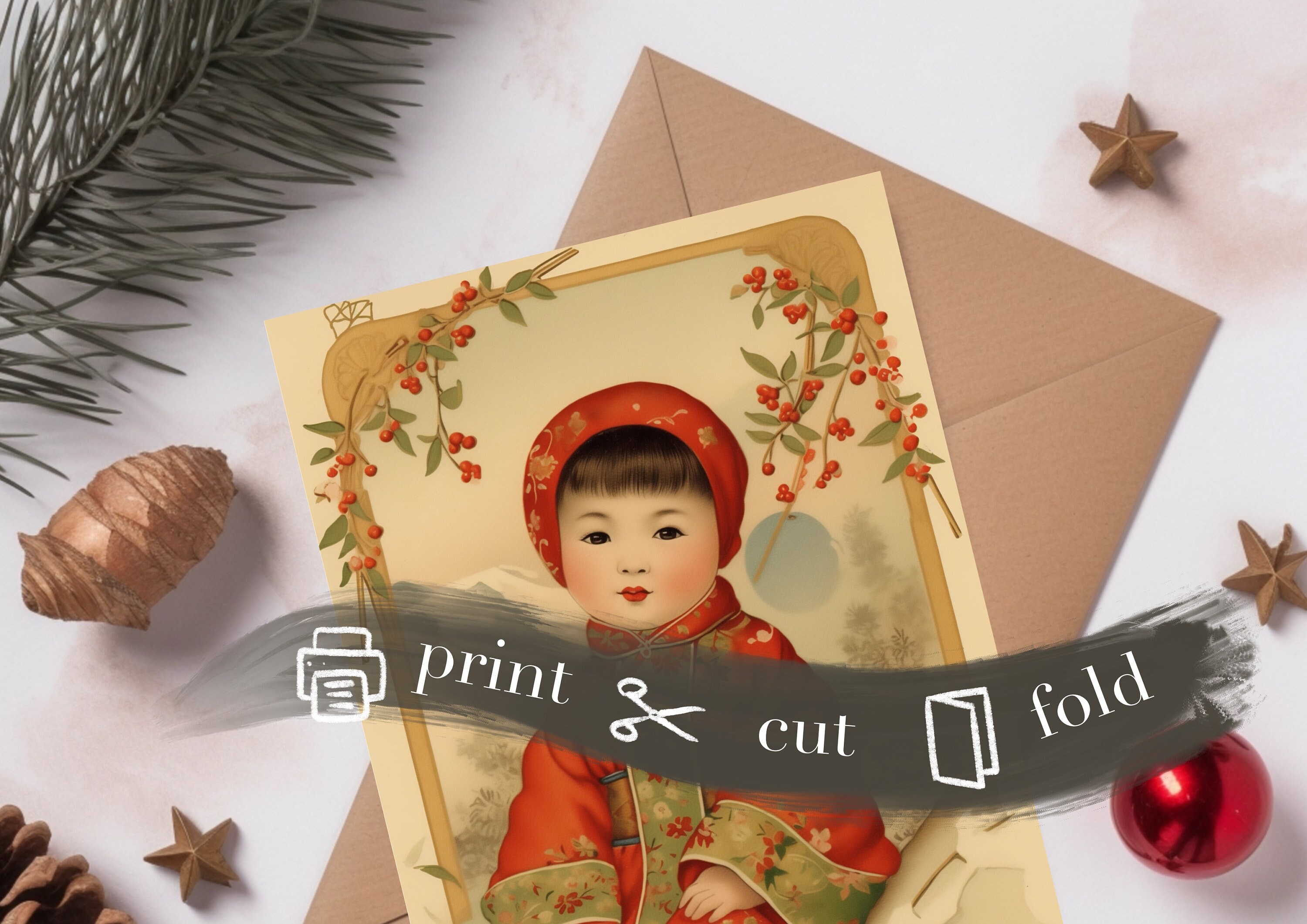 Vintage Printable Festive Card, Asian Girl, X-mas, Christmas Card ...