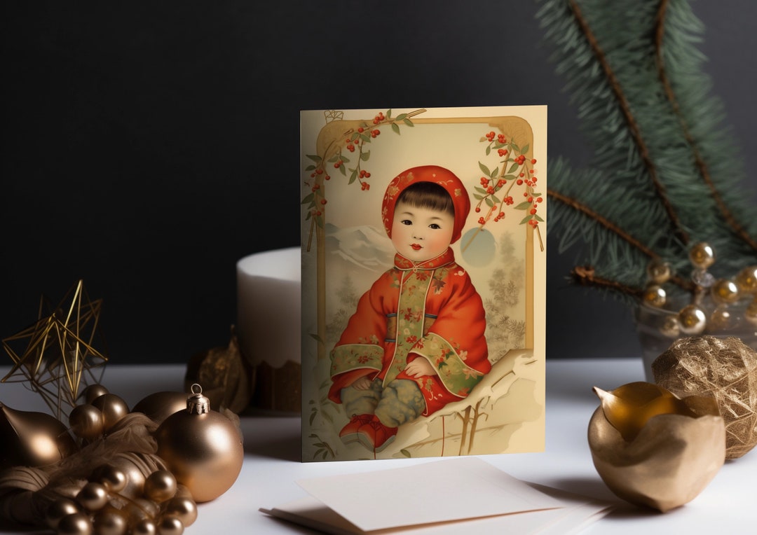 Vintage Printable Festive Card, Asian Girl, X-mas, Christmas Card ...