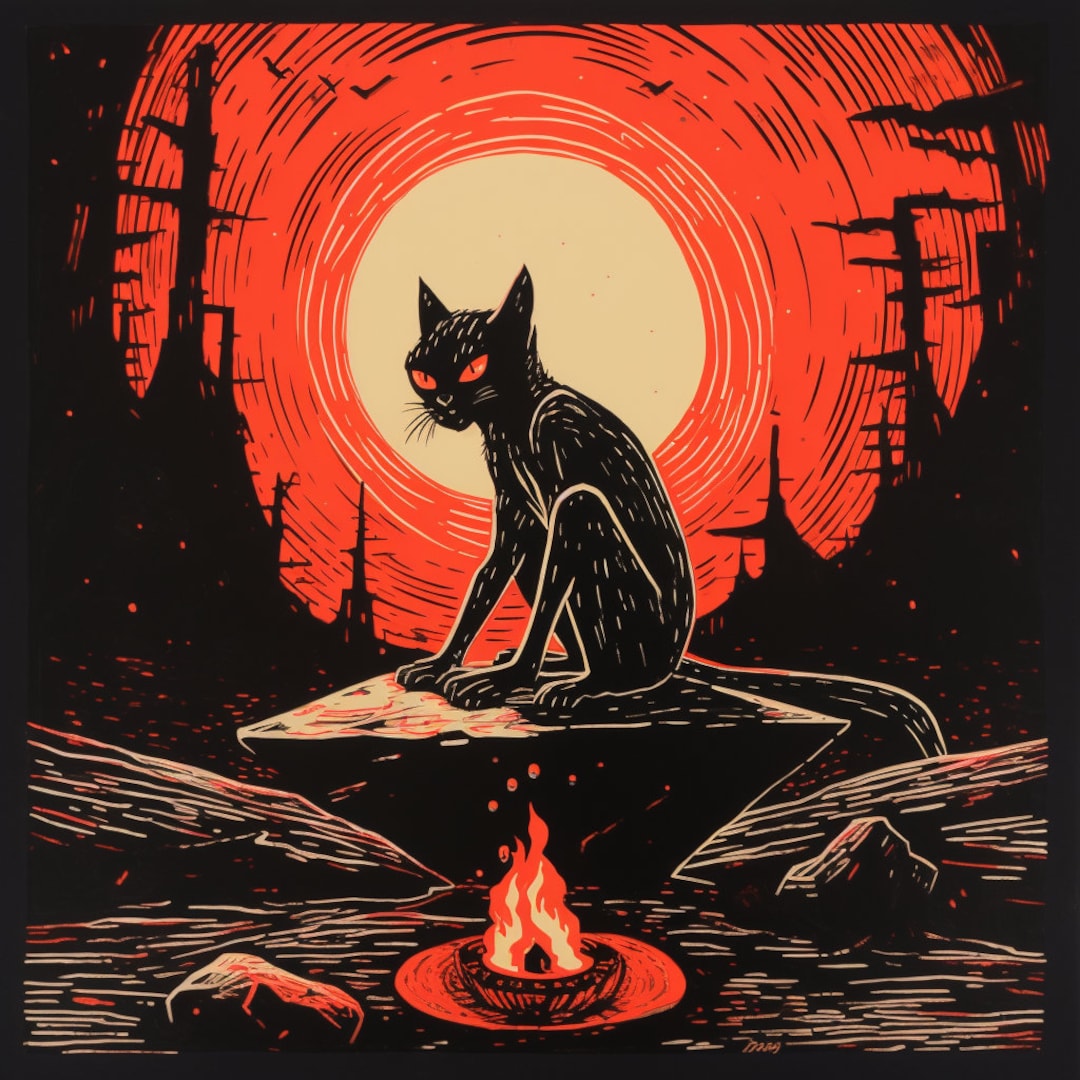 Linocut Cat Picture Retro Colors Wall Art Linol Art - Etsy