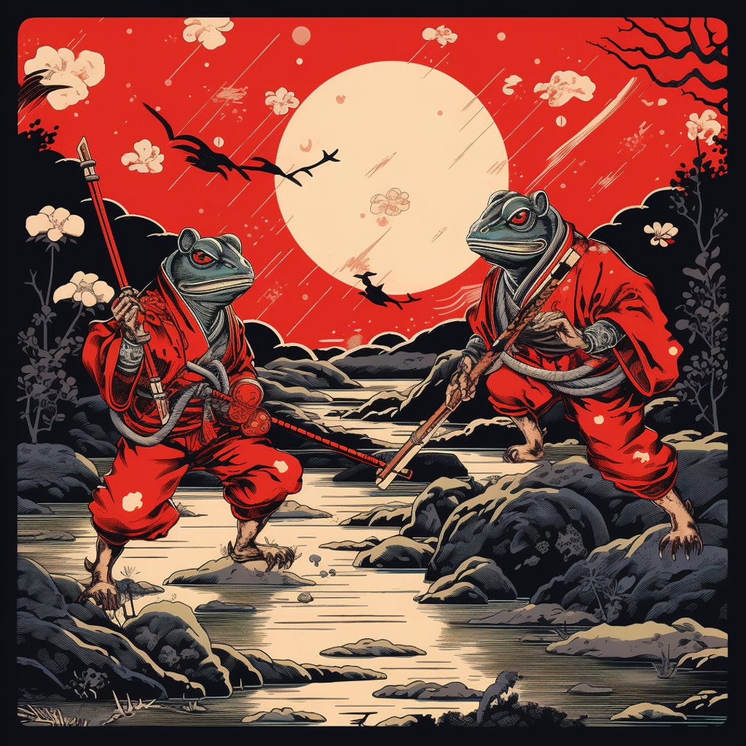 Linocut Samurai Frogs Retro Colors Wall Art Japanese - Etsy