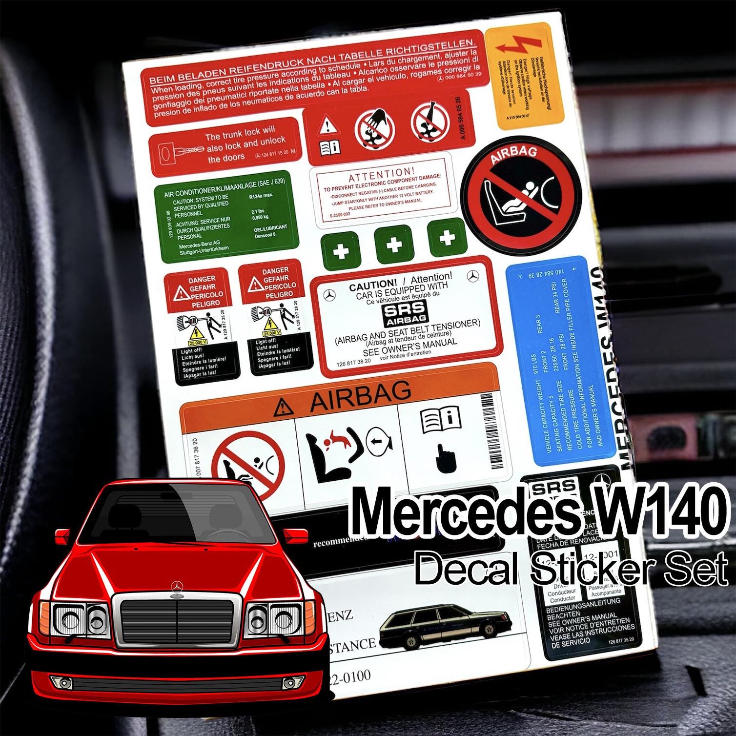 Mercedes Decal Sticker Label Set for W124 W126 W140 W203 W204 W210 E ...