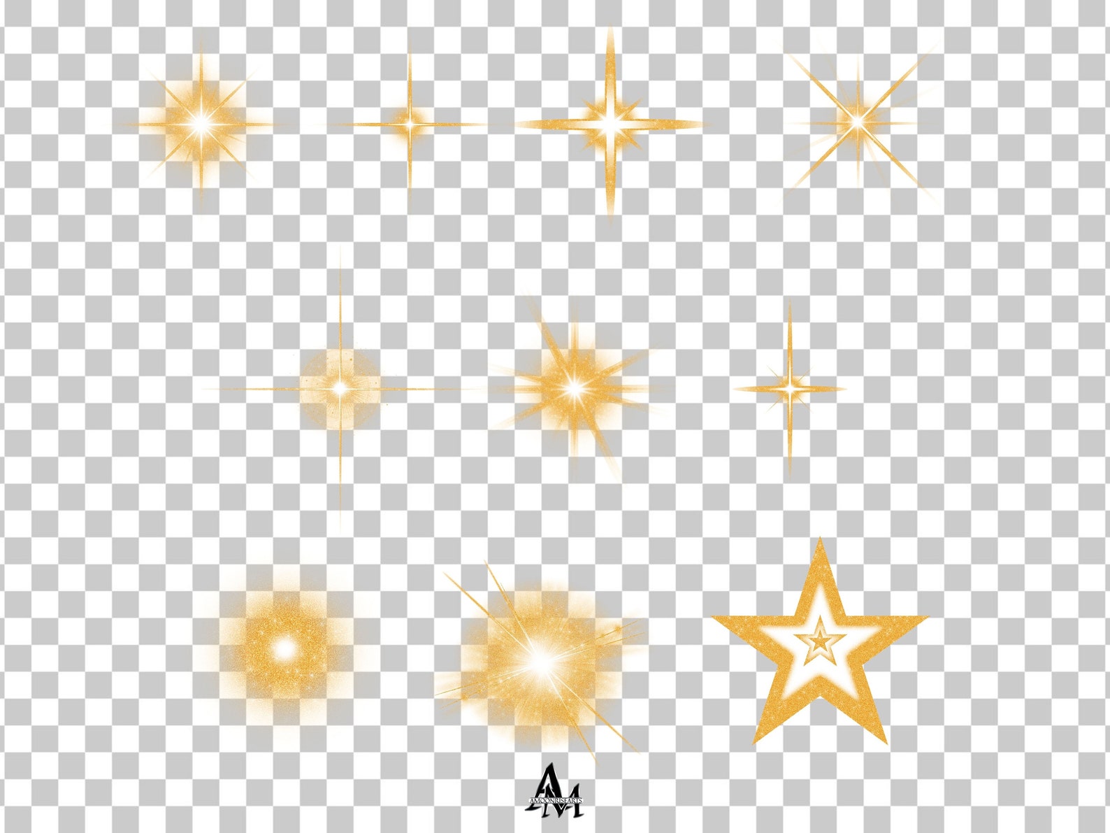 Gold Glitter Star Clipart Set of Glowing Sparkle PNG, Yellow Golden ...