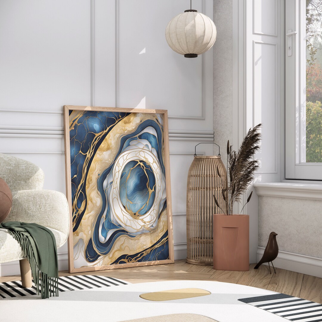 Geode Wall Art, Printable Poster in Blue, Gold and White, Digital ...