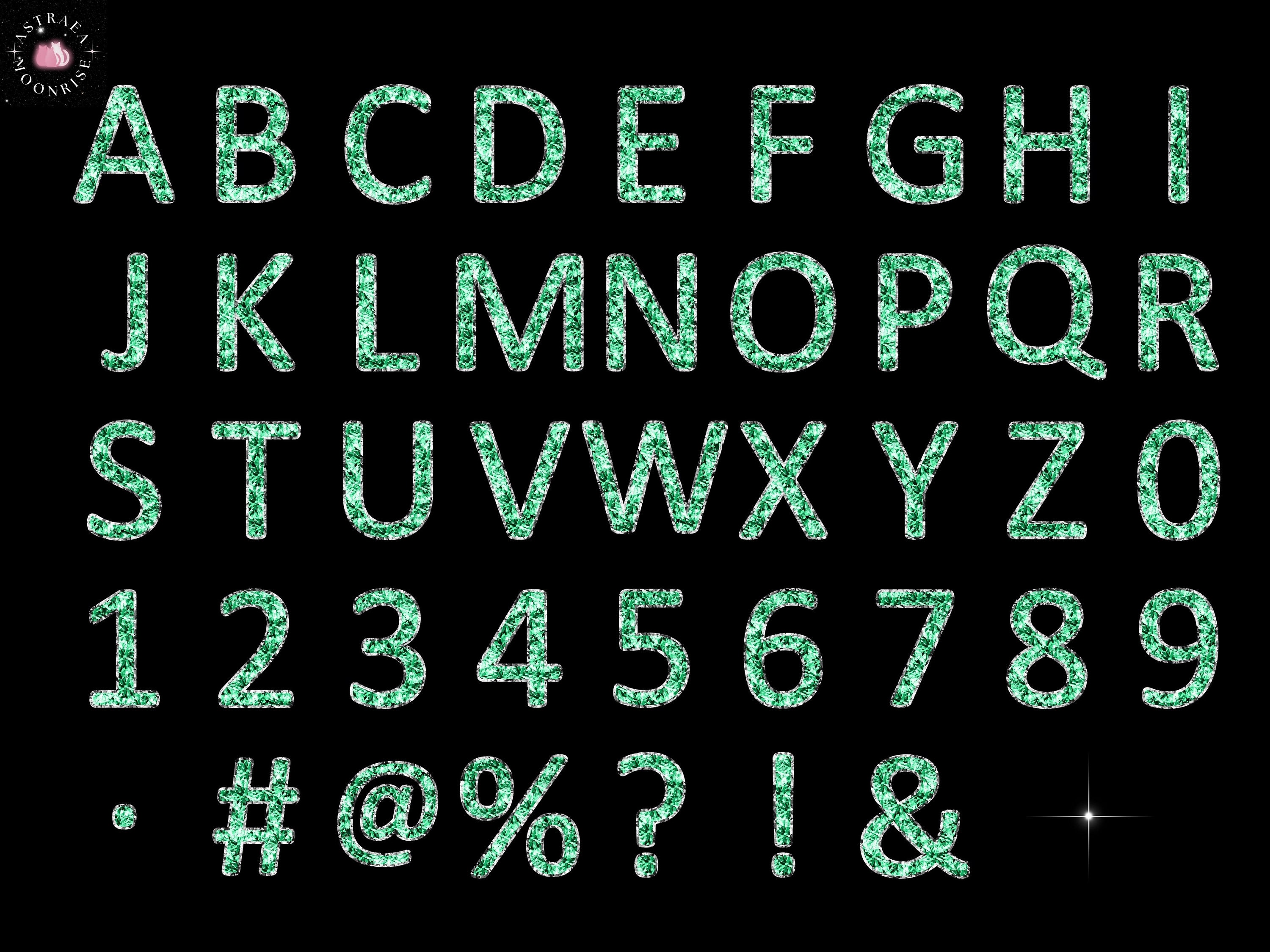 Emerald Green Diamond Alphabet Clipart, Crystal Green Letters and Green Numbers PNG Set, Glitter ...