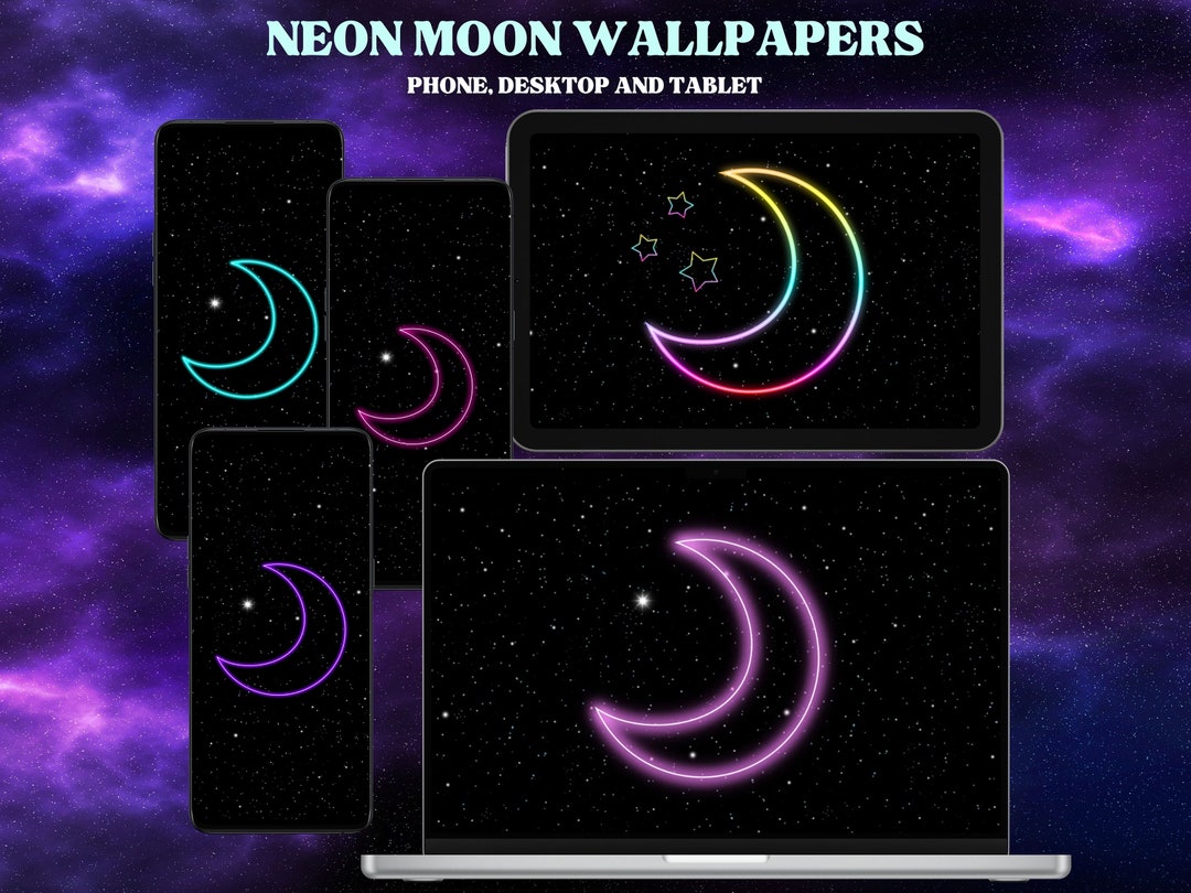 Moon Wallpaper Set of Neon Glowing Crescent Moon and Star Space ...