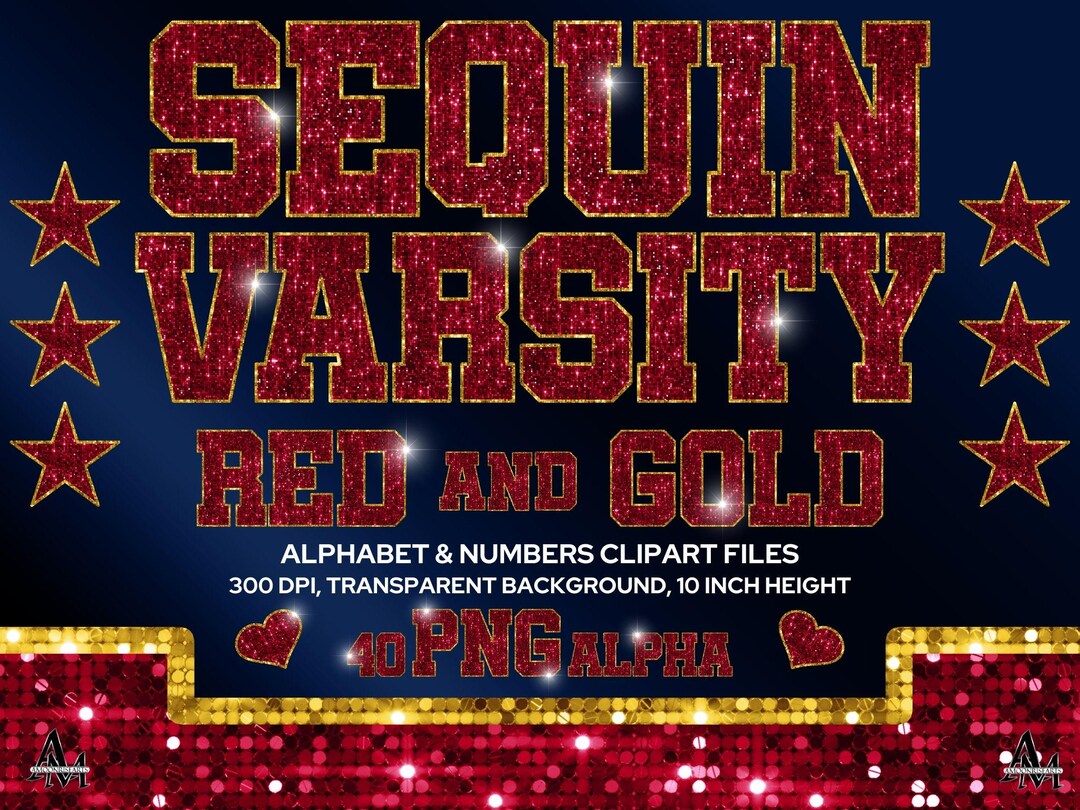 Red Sequin Varsity Alphabet Clipart, Red and Gold Letter & Number PNG ...