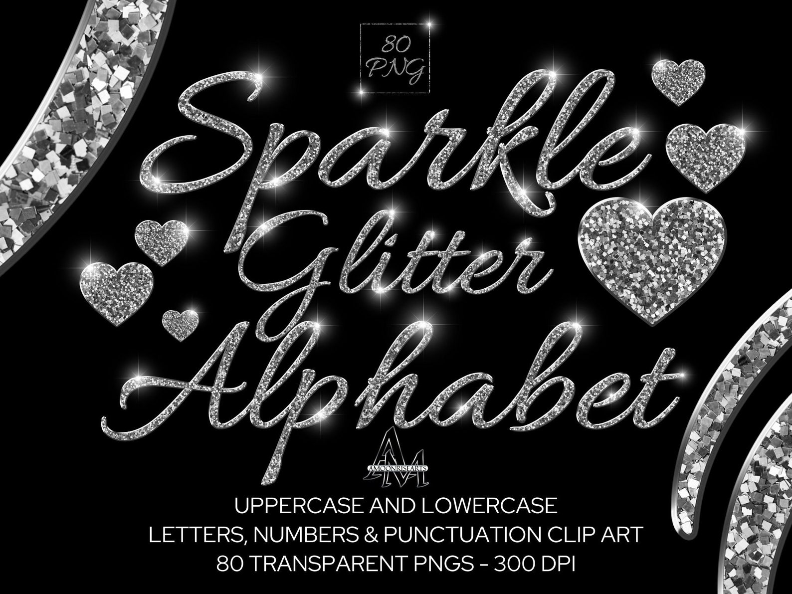 Silver Glitter Alphabet Clipart, Big Glitter Letters & Sparkle Number ...