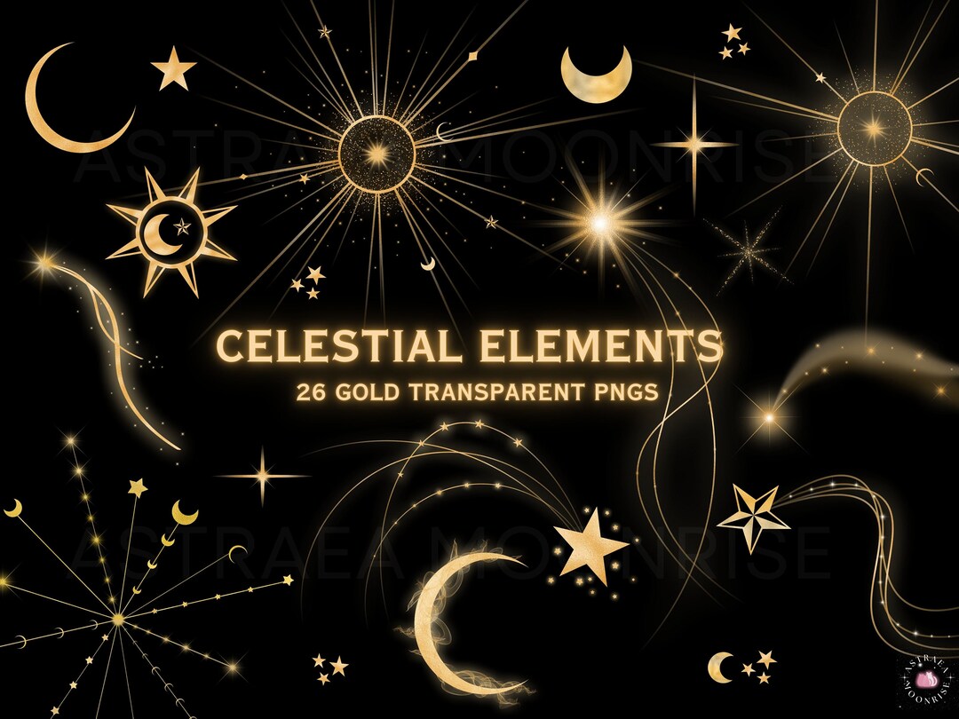 Gold Celestial Clipart: Sun, Moon, Stars Pngs, Digital Download Cosmic ...