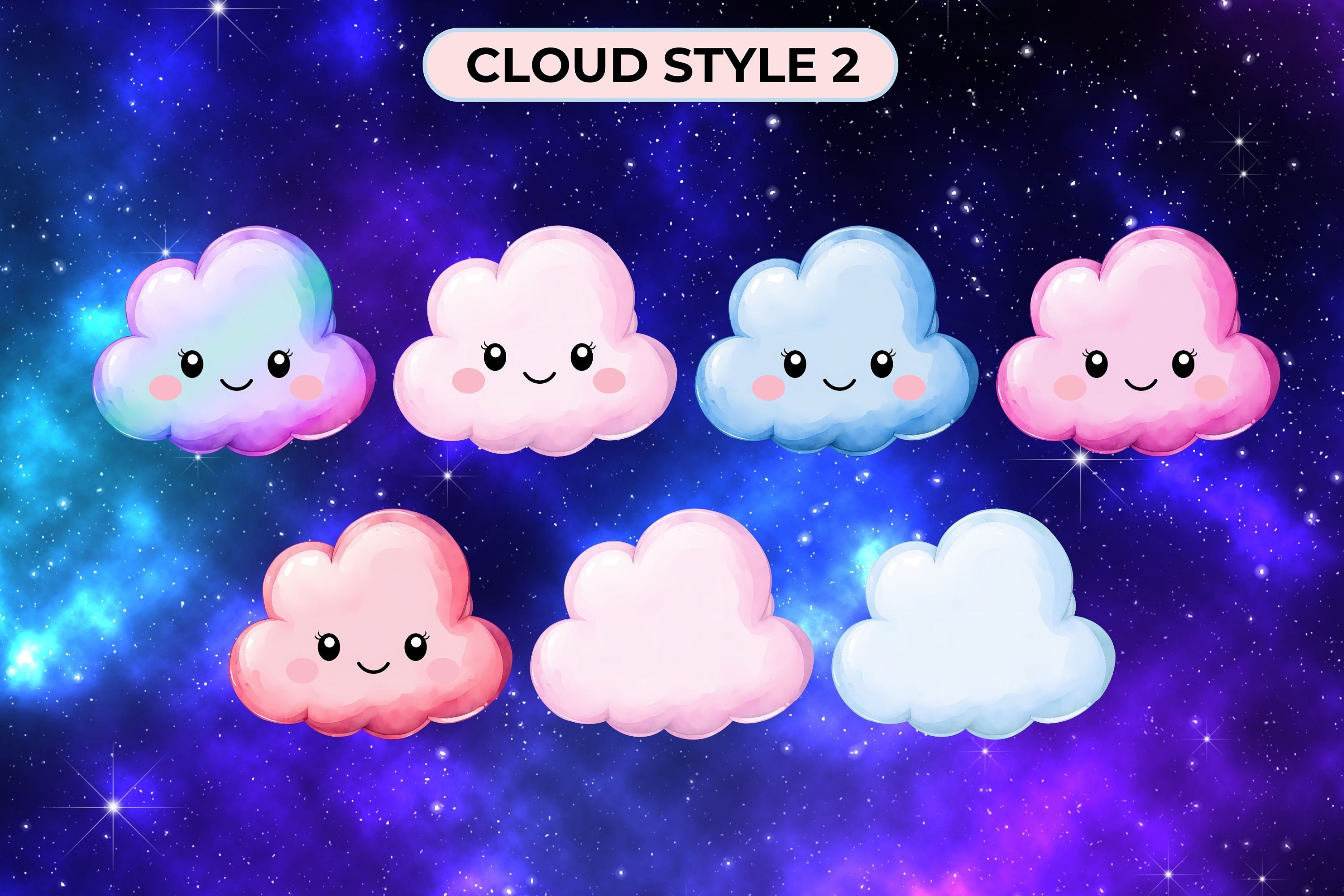 Cute Clouds Clipart, Kawaii Cloud PNG Set of Watercolour Clouds With ...
