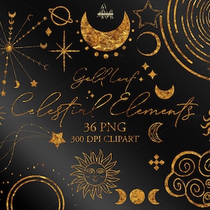 Gold Celestial Clipart, Gold Cosmic Clip Art, Golden Mystical Elements ...