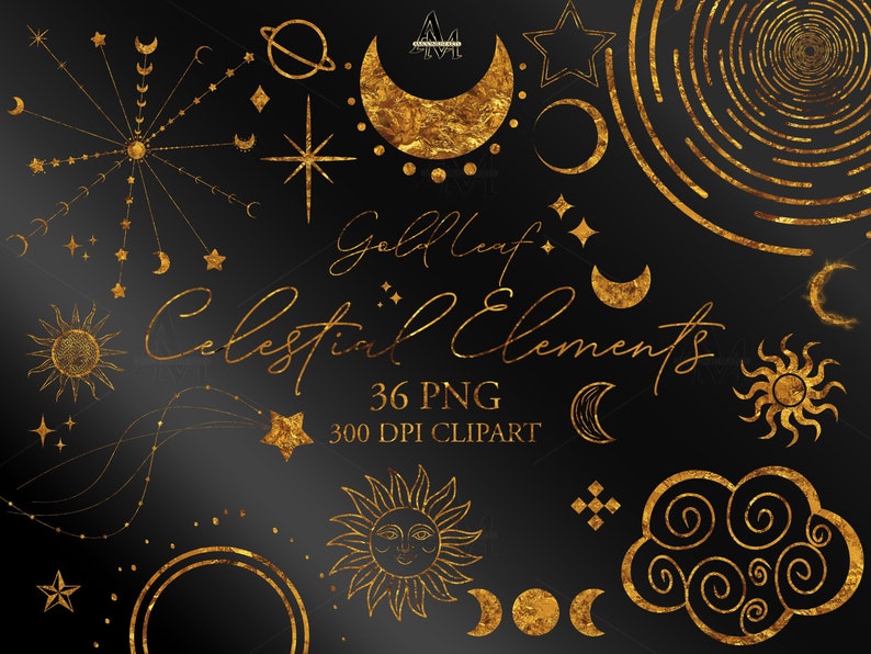 Gold Celestial Clipart, Gold Cosmic Clip Art, Golden Mystical Elements ...