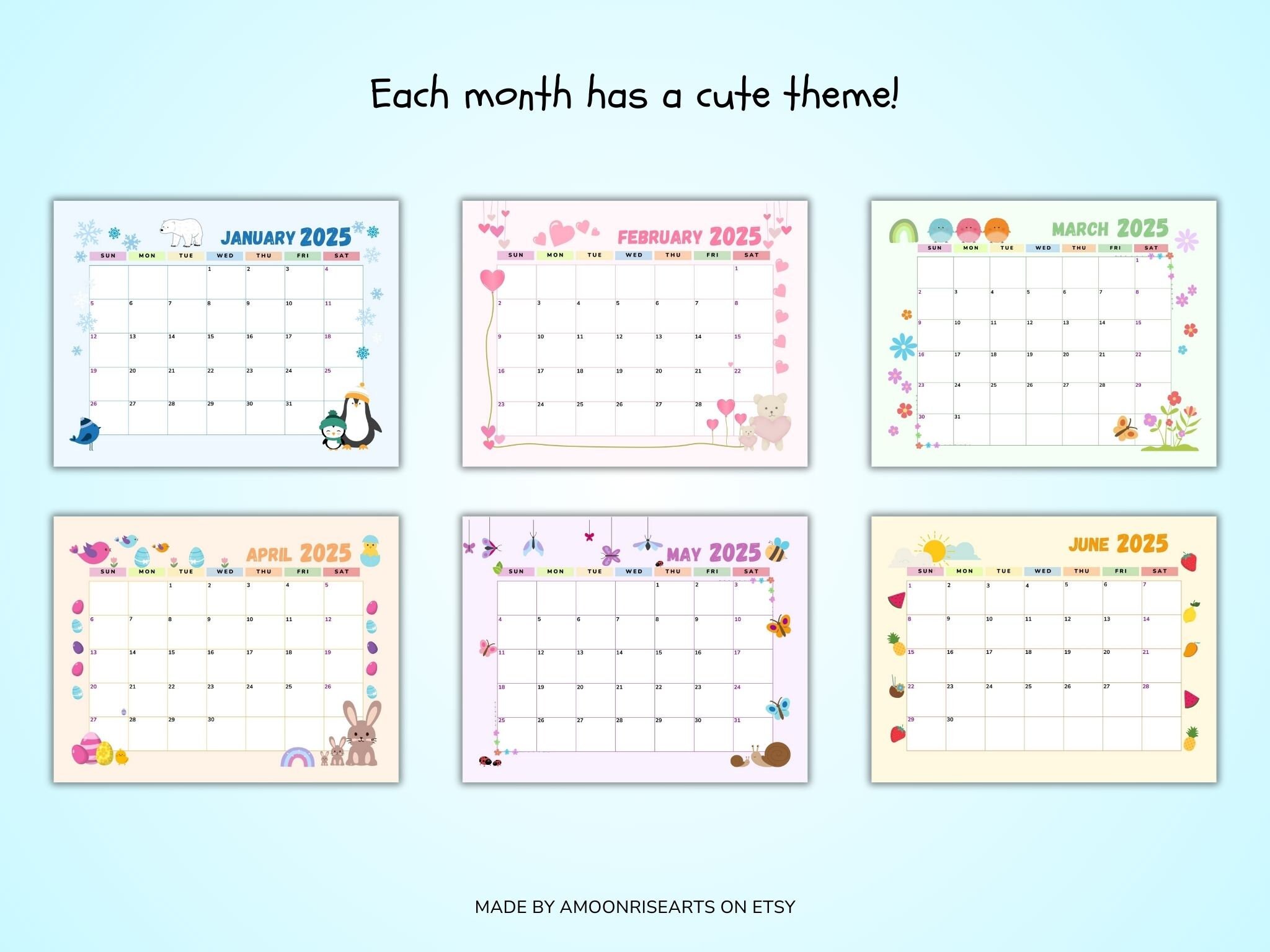Cute 2025 Calendar Printable, Monthly Calendar 2025, Colourful Fridge ...