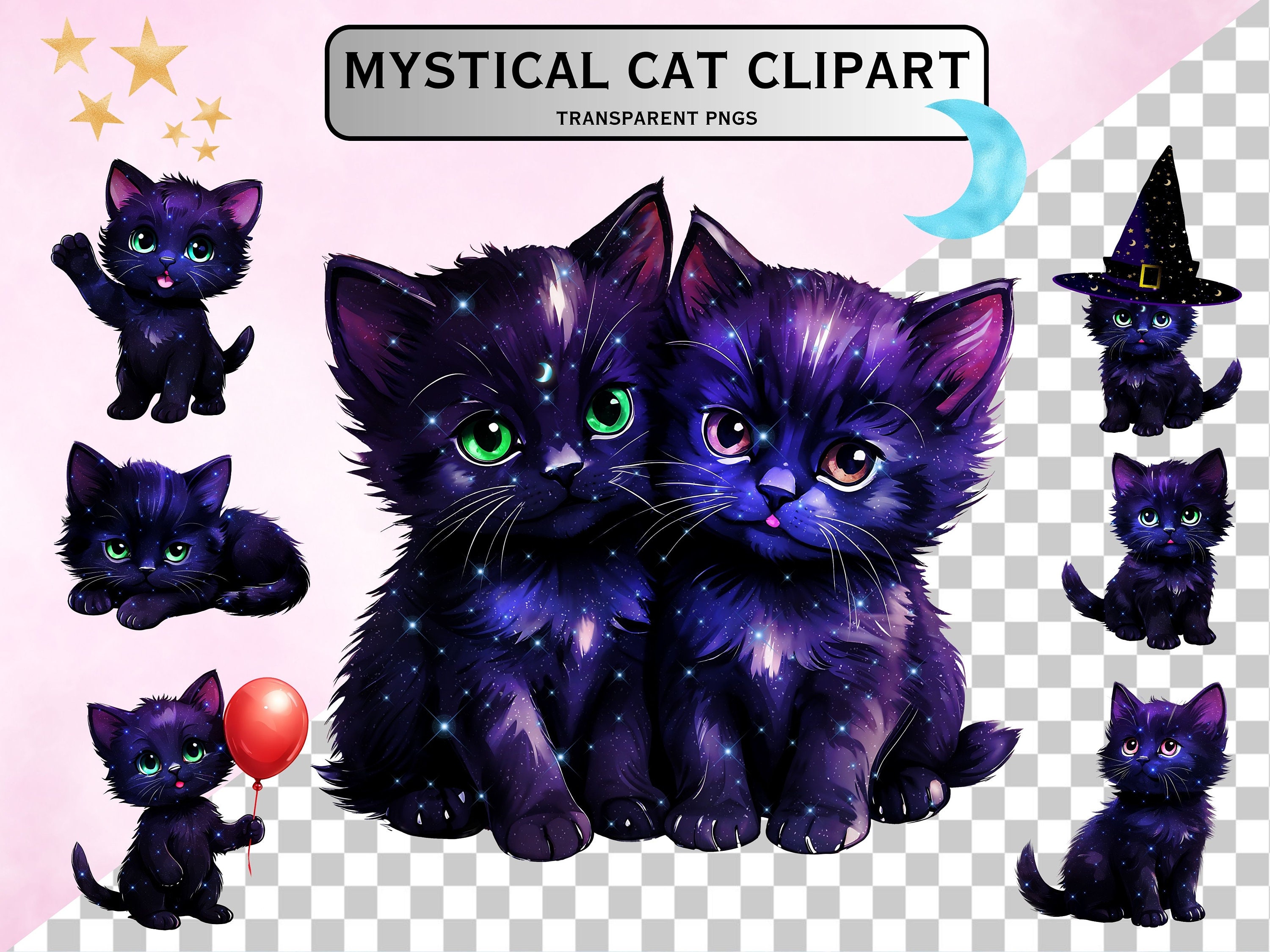 Mystical Cat Clipart, Galaxy Cat PNG, Purple Sparkle Witchy Clipart ...