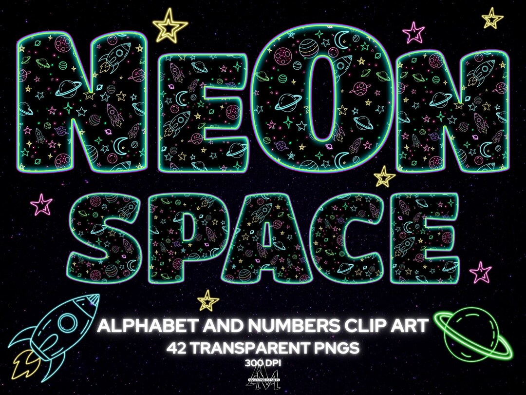 Neon Space Alphabet PNG Set of Glowing Galaxy Letters & Number Clipart ...
