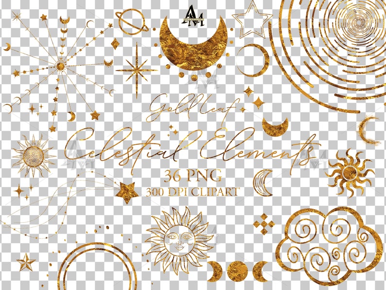 Gold Celestial Clipart, Gold Cosmic Clip Art, Golden Mystical Elements ...