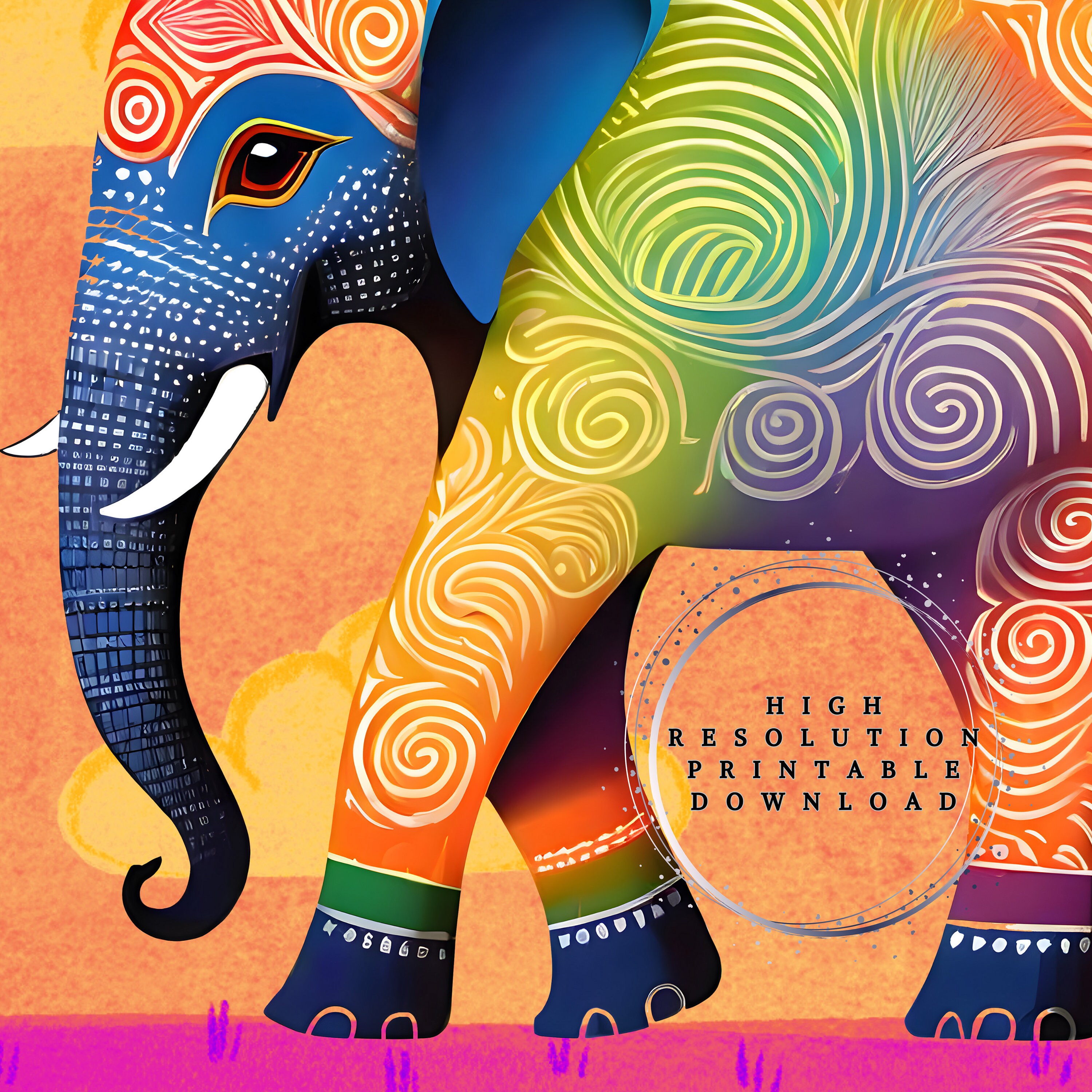 Orange Pink Elephant Poster PRINTABLE DOWNLOAD Indian Animal Wall Art ...