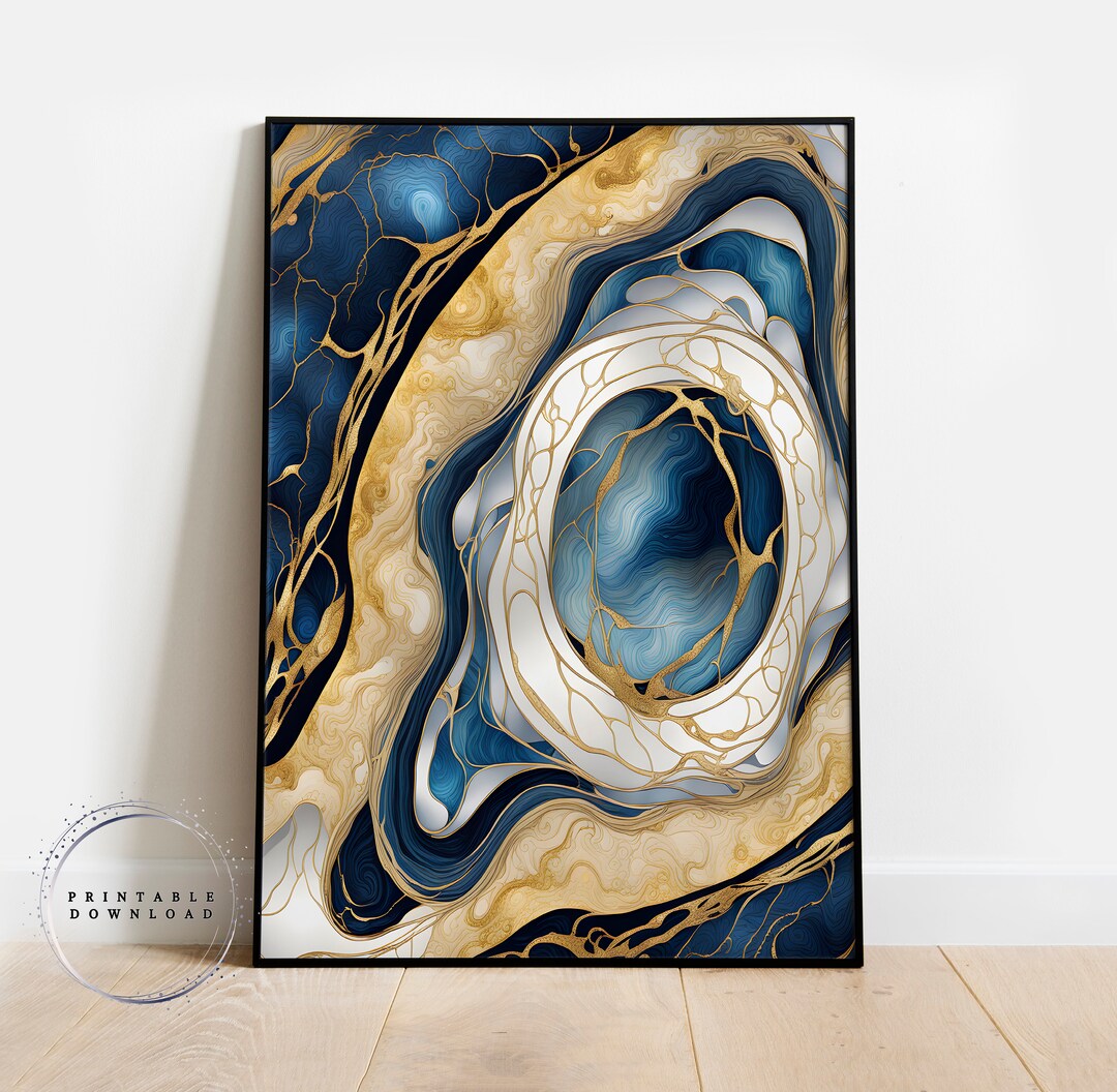 Blue Marble Printable Wall Art, Dark Blue & Gold Geode Slice Print ...