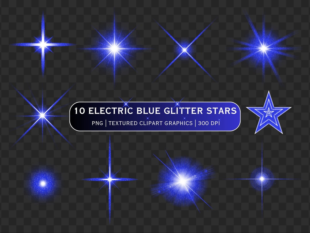 Blue Glitter Star Clipart Set of Glowing Sparkle PNG, Neon Electric ...